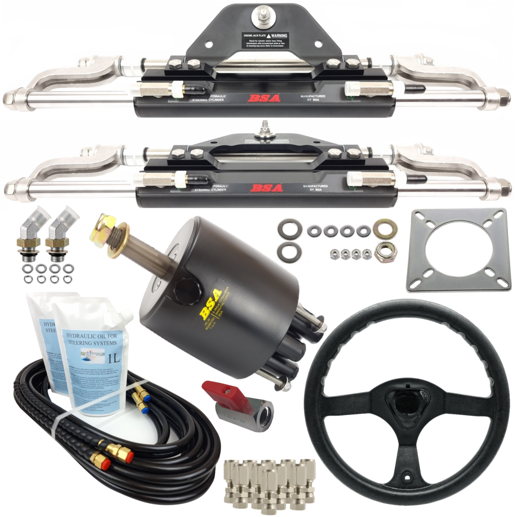 BSA Twin Hydraulic Outboard Steering Kit & Steering Wheel Up To 600HP